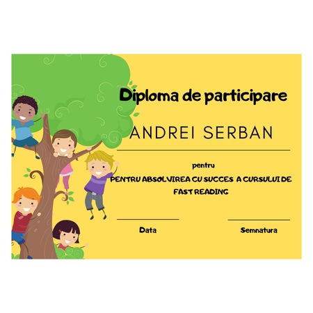 Diploma participare/merit/absolvire, personalizata cu text pentru copii ...