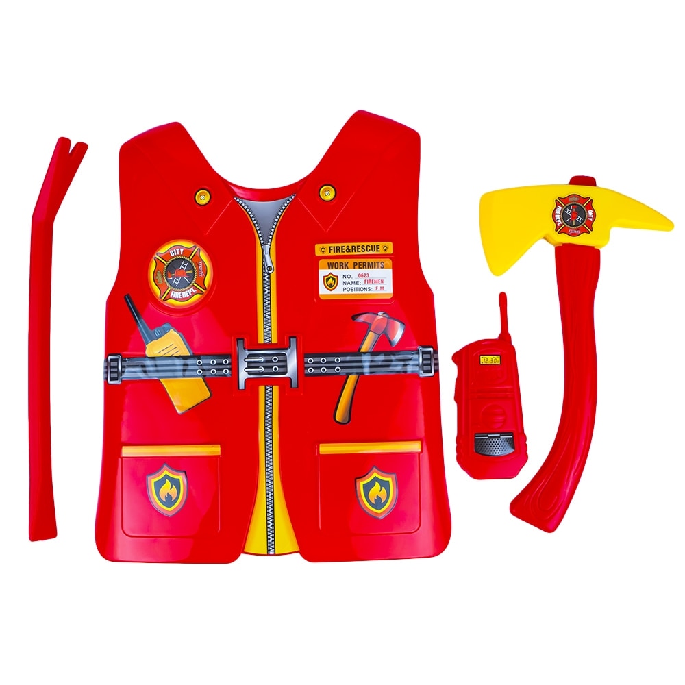 Set costum de pompieri cu unelte, ranga, topor, statie emisie-receptie ...