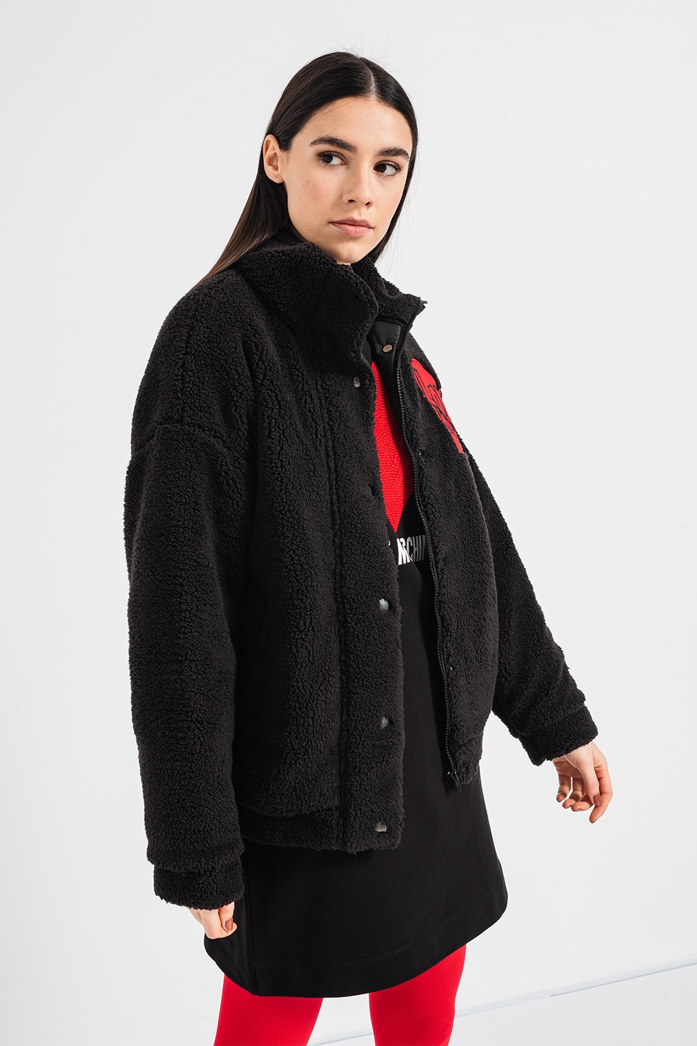 Love Moschino, Jacheta de blana sherpa sintetica cu logo, Negru, 44 ...