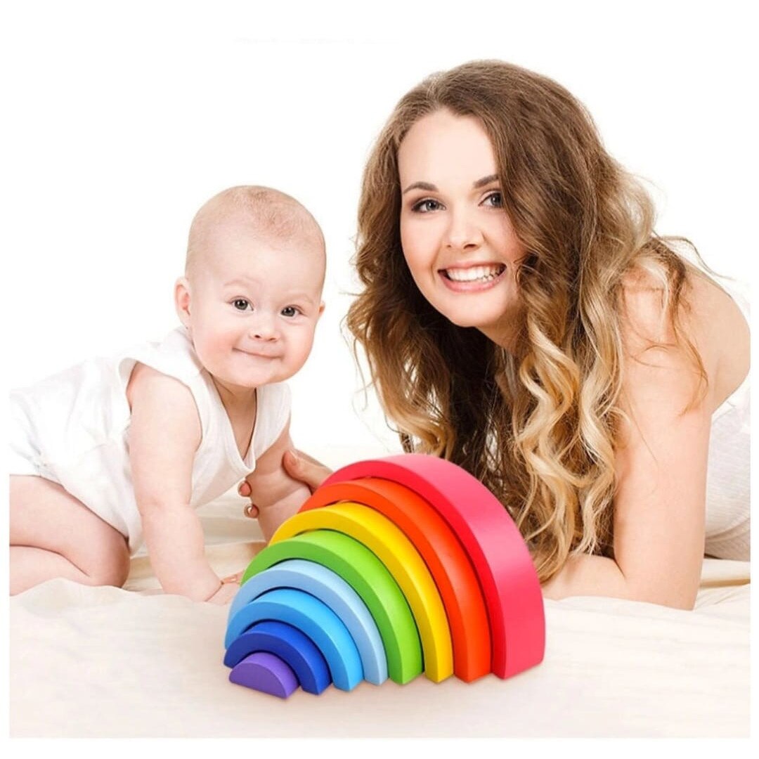 Curcubeu din lemn cu 8 piese late, Rainbow Blocks - eMAG.ro
