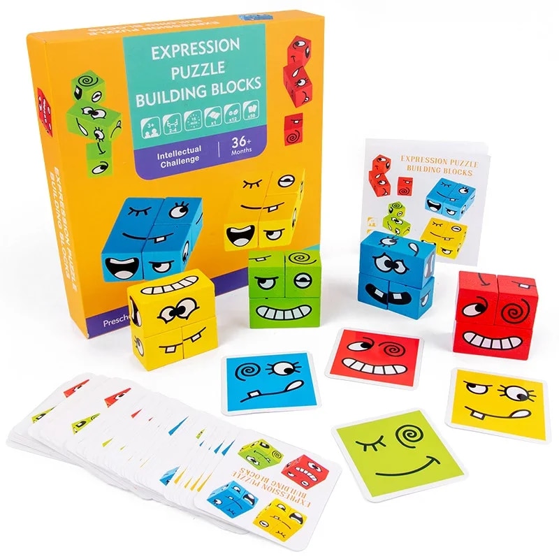Joc emotii si expresii faciale, Montessori din cuburi de lemn ...