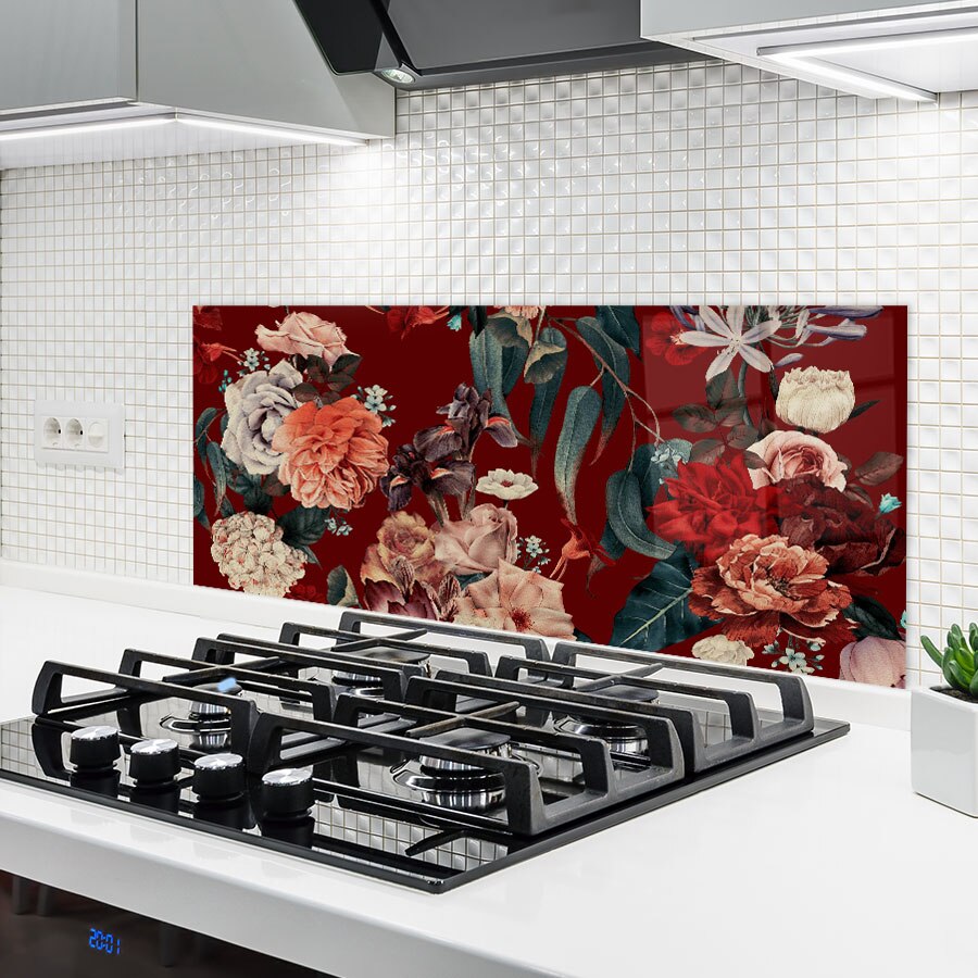Panou Sticla Bucatarie, Flori pe fundal Rosu, 60x150cm - eMAG.ro