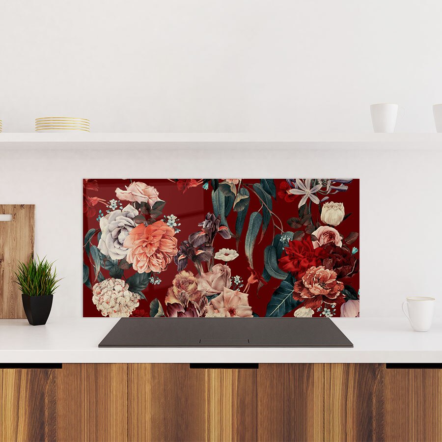 Panou Sticla Bucatarie, Flori pe fundal Rosu, 60x150cm - eMAG.ro