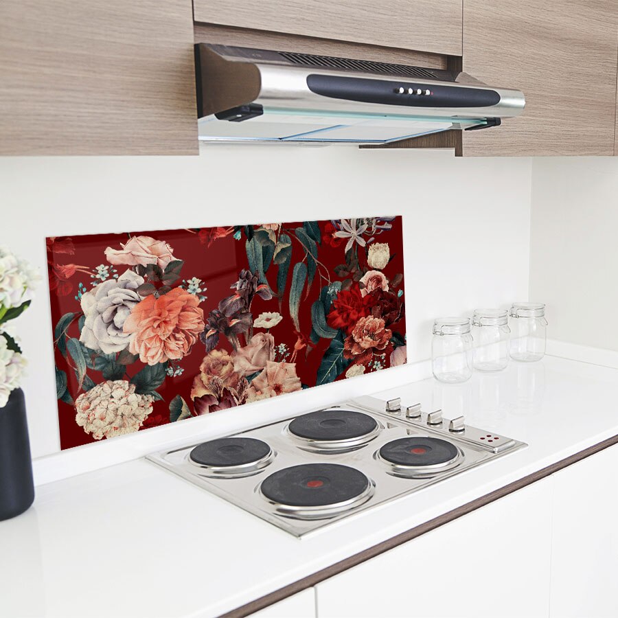 Panou Sticla Bucatarie, Flori pe fundal Rosu, 60x150cm - eMAG.ro