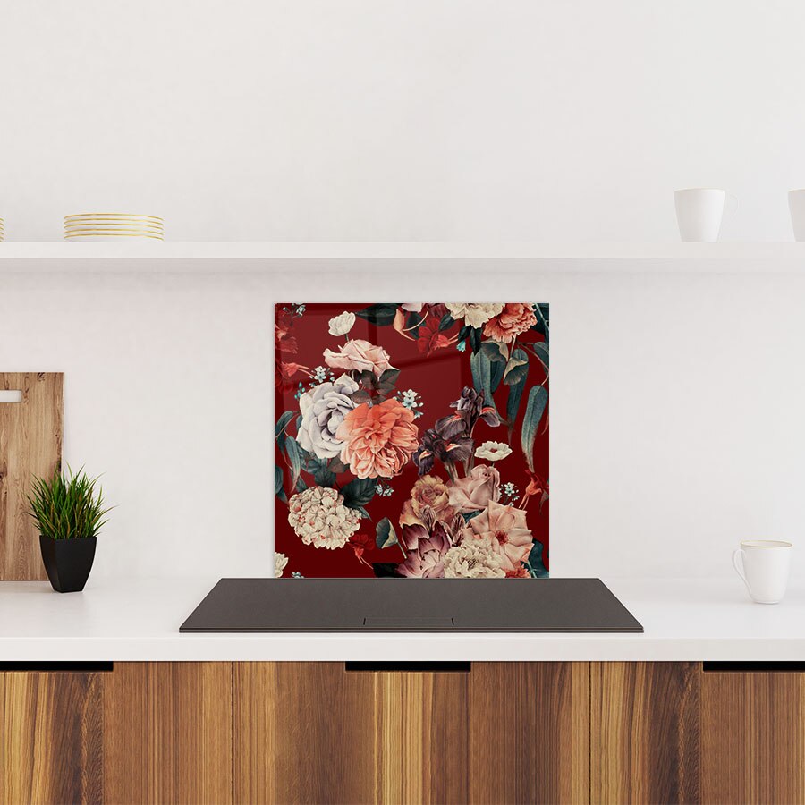 Стъклен панел за гръб на кухня, ARTHUB, Flori pe fundal Rosu, 60x60cm ...