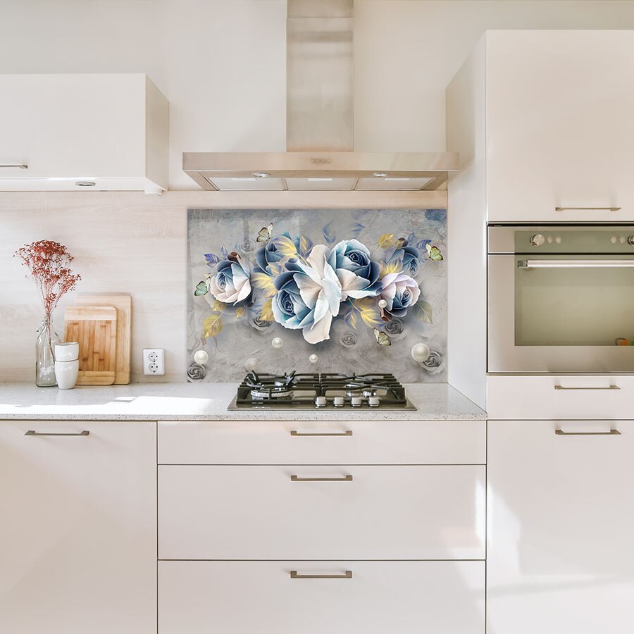 Panou Sticla Bucatarie, Golden Blue Flowers, 60x80cm - eMAG.ro