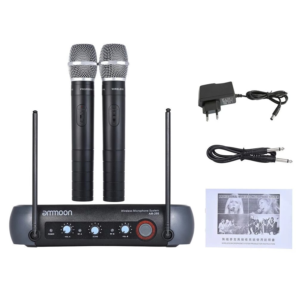 Set Karaoke Wireless Ammoon cu Receiver, 2 Microfoane, VHF, 40m, Black ...