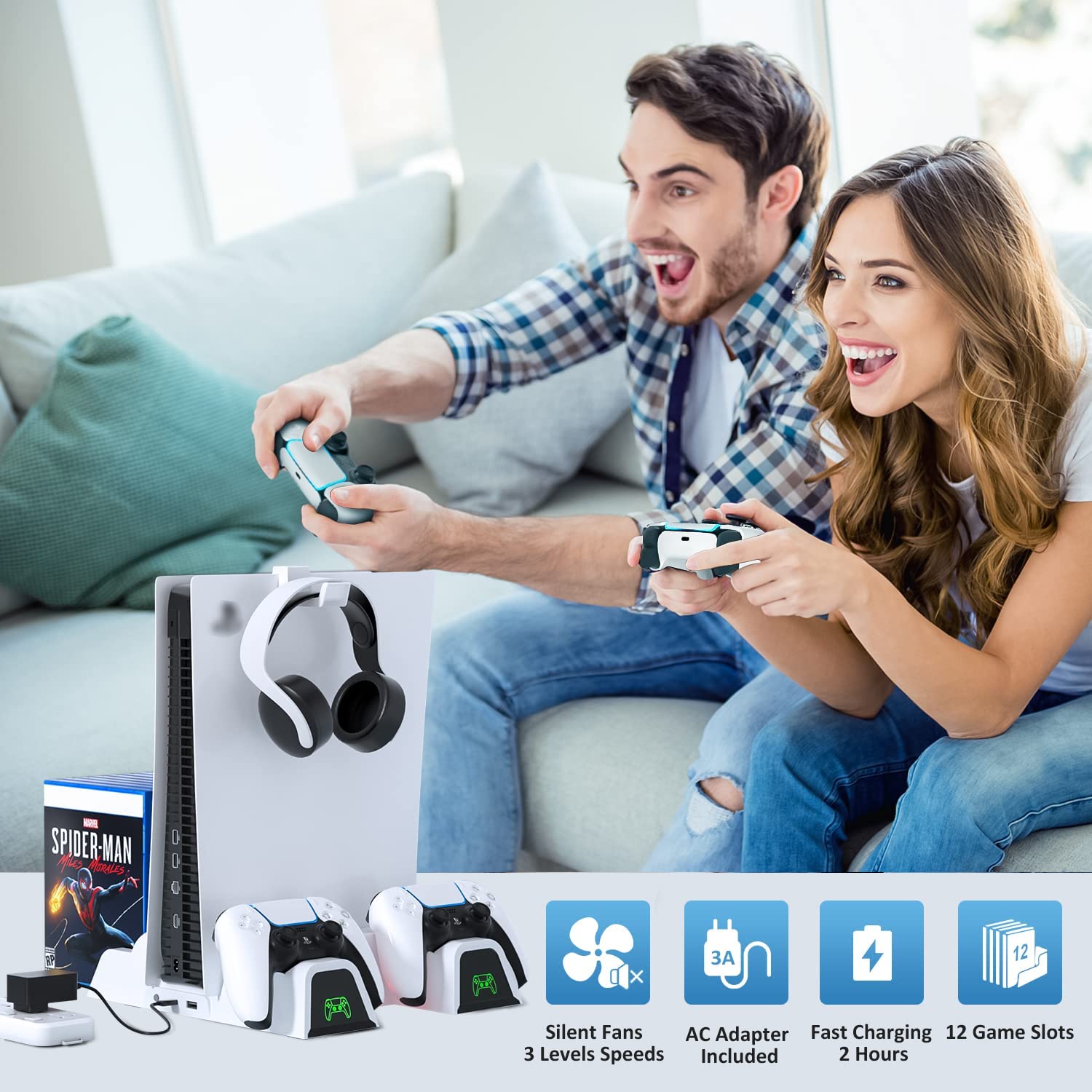 Stand vertical de racire Oivo pentru PS5 si pad-uri, Incarcator dublu pentru controllere ...