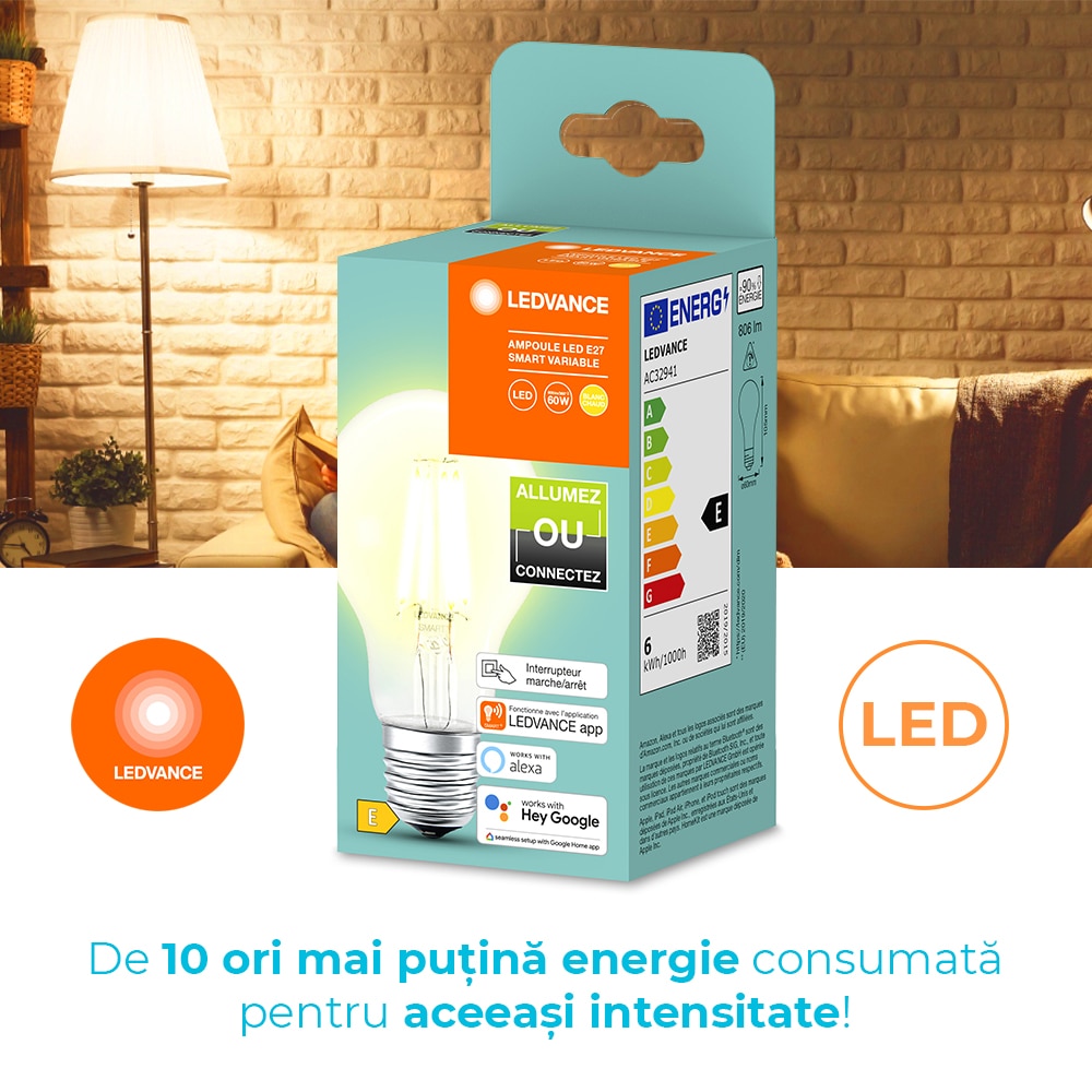 Set 3 Becuri LED Ledvance dimabil SMART+ A60, Control prin telefon, Bluetooth, E27/6W/230V 2700K ...