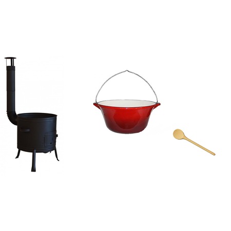 Set ceaun fonta emailat 10,8 litri cu soba 31cm si lingura de lemn 50cm ...