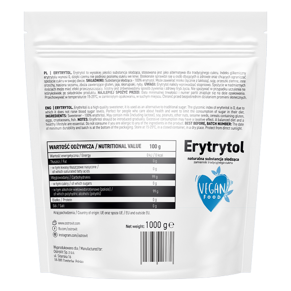 Erythritol (Eritritol) Inlocuitor Natural Zahar1000g - OstroVit - eMAG.ro