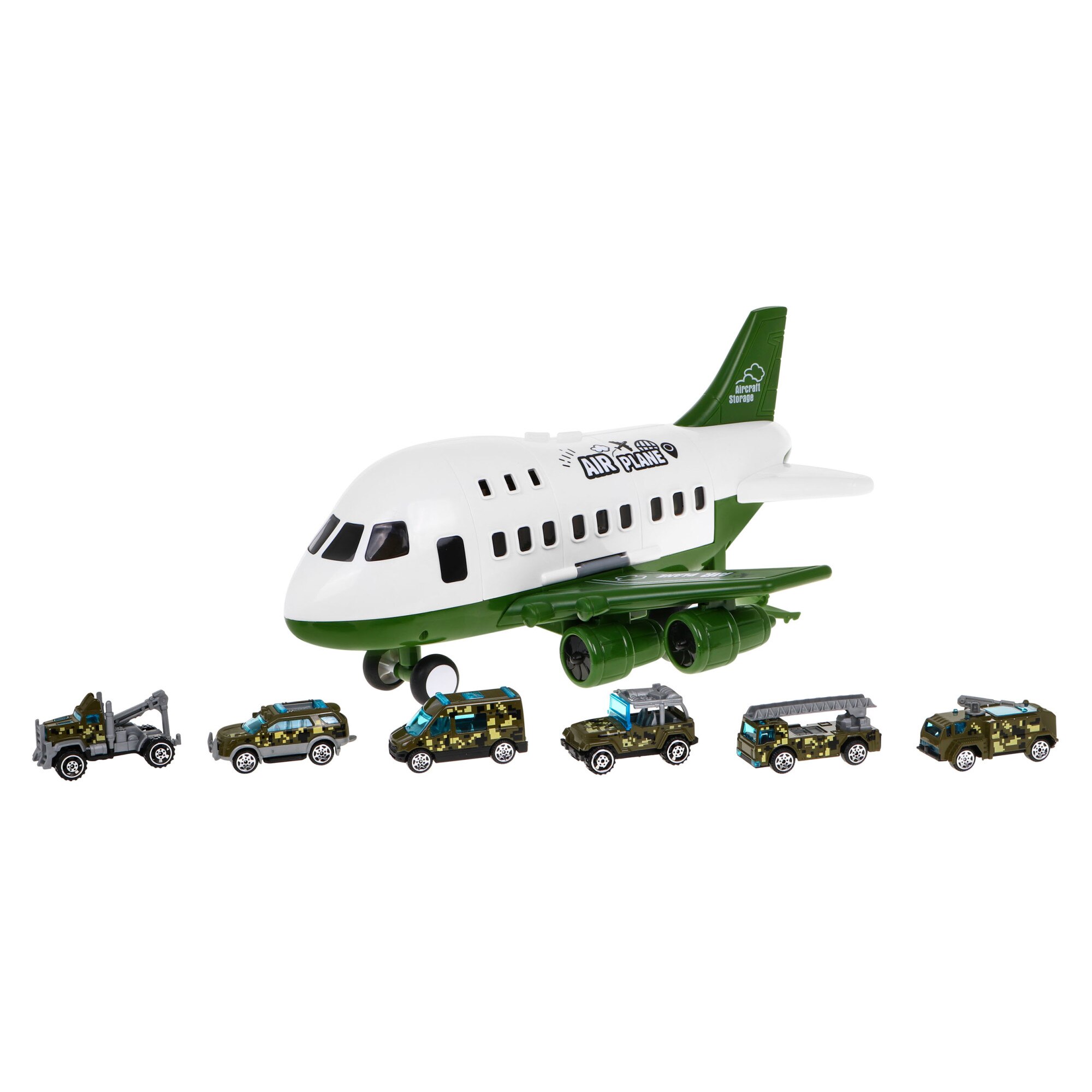 Avion militar 2 in 1 pentru copii, Parcare, 6 vehicule cu arc - eMAG.ro