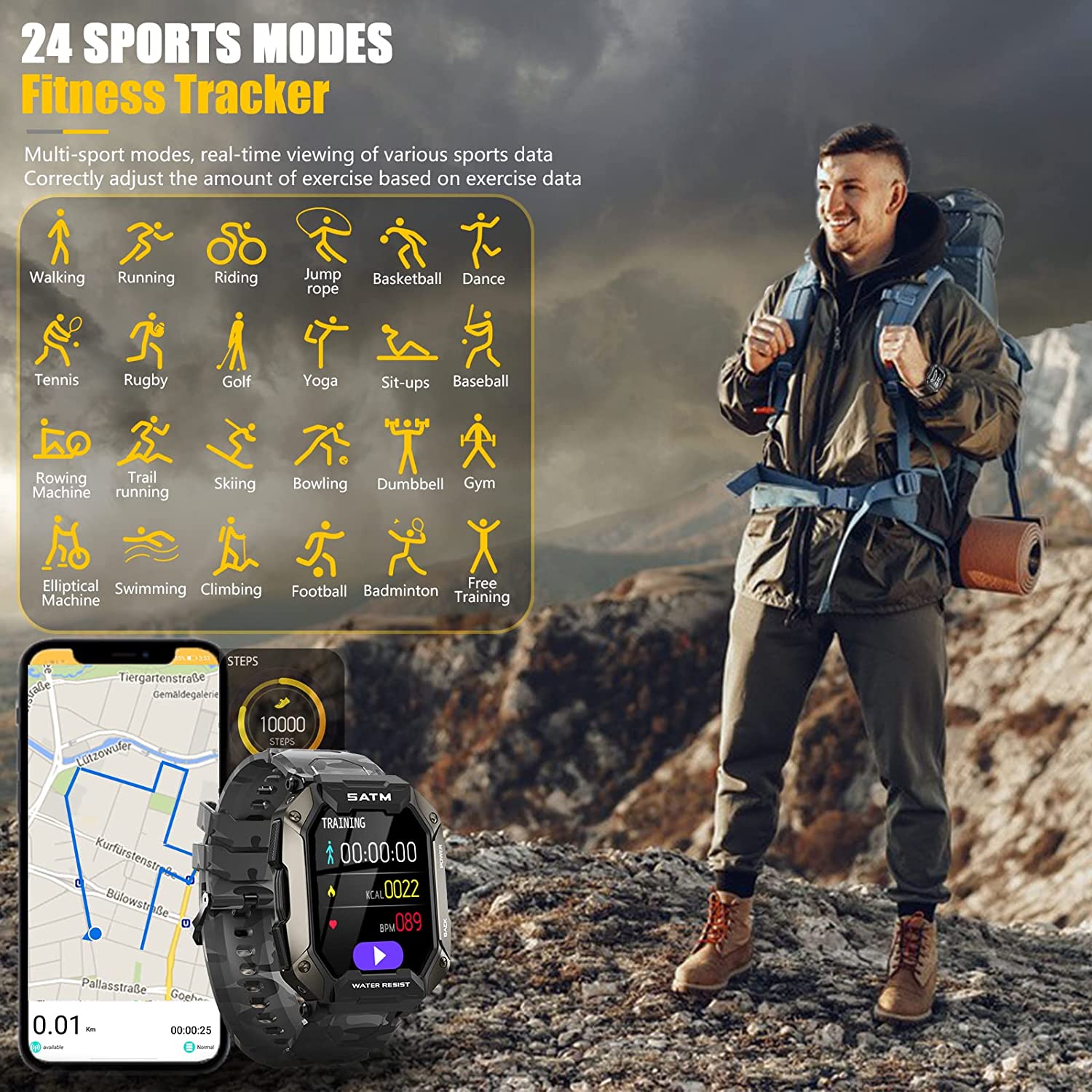 Ceas Smartwatch Sport SATM C20, Bluetooth 5.0, Rezistent la Apa IP68 ...