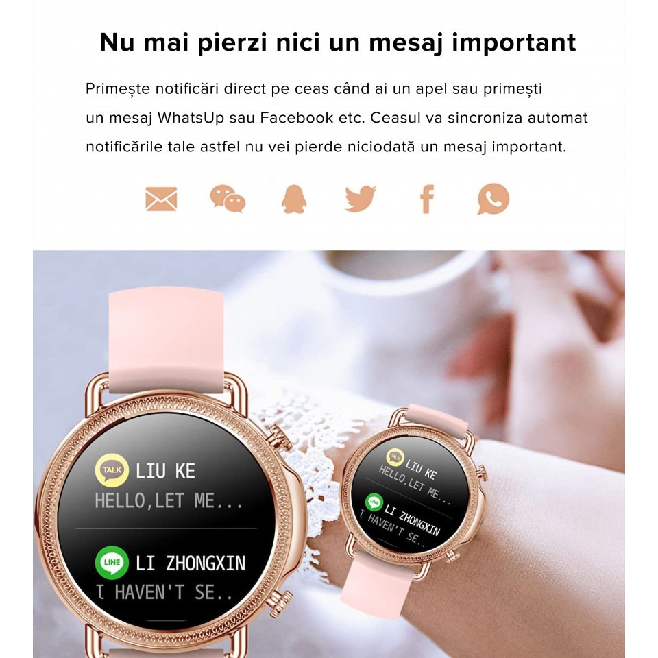 Ceas smartwatch dama LQT LuXo, bratara metalica si siliconica, ritm ...