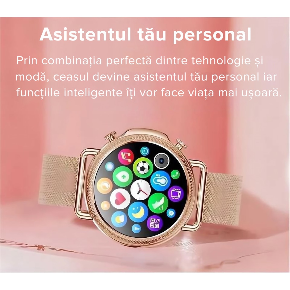 Ceas smartwatch dama LQT LuXo, bratara metalica si siliconica, ritm ...