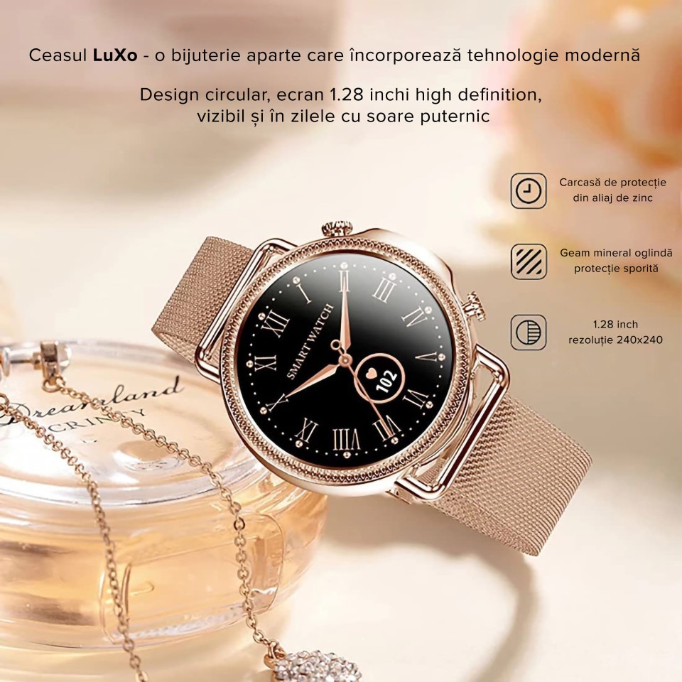 Ceas smartwatch dama LQT LuXo, bratara metalica si siliconica, ritm ...