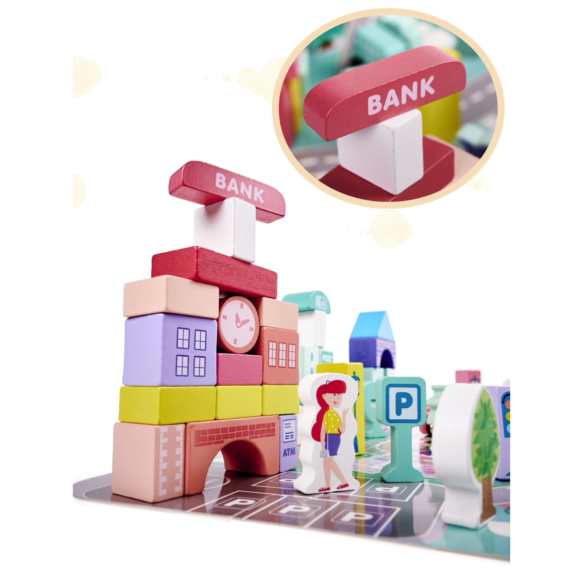 Set constructie cuburi din lemn ISP "Likesmart Puzzle City 6197", 128 ...