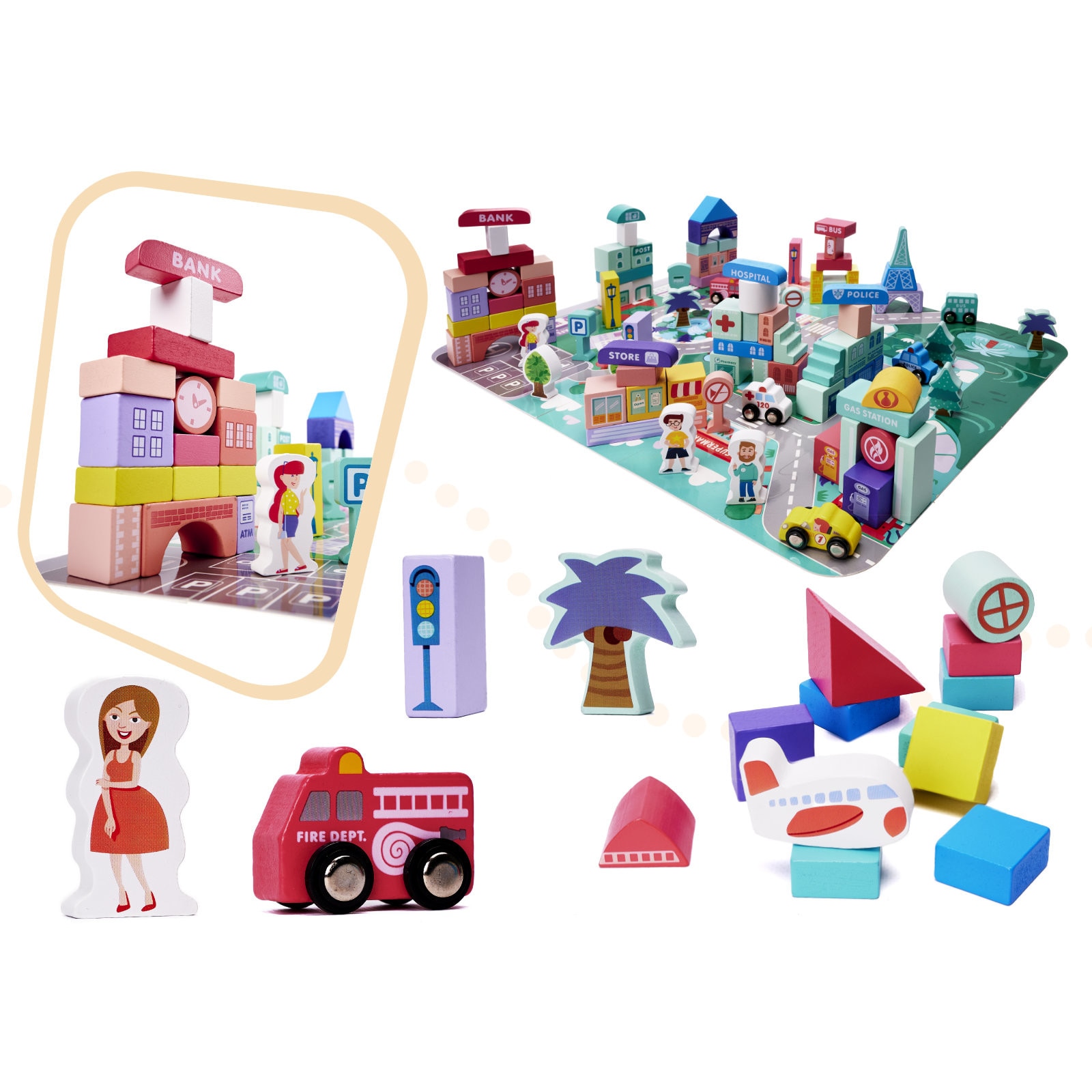 Set constructie cuburi din lemn ISP "Likesmart Puzzle City 6197", 128 ...