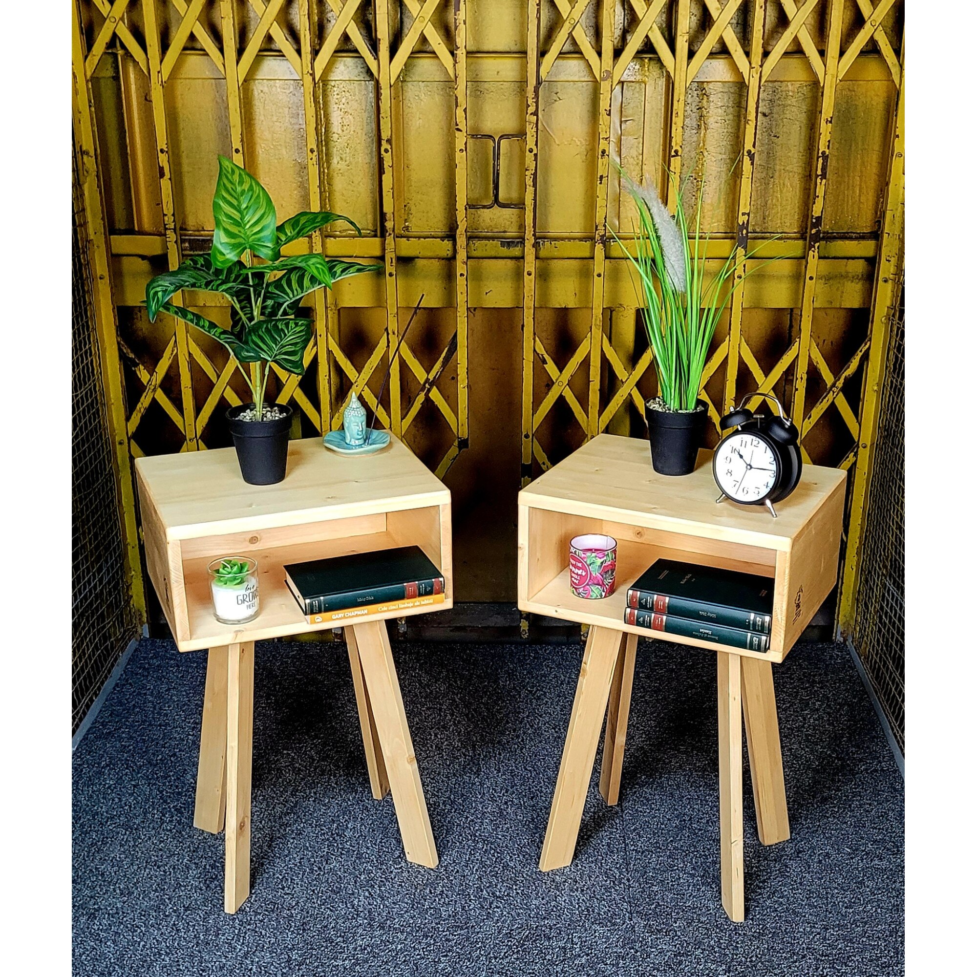 Set Noptiere cu 2 rafturi, lemn masiv, culoare Natur (Brad), 65x40x30 ...