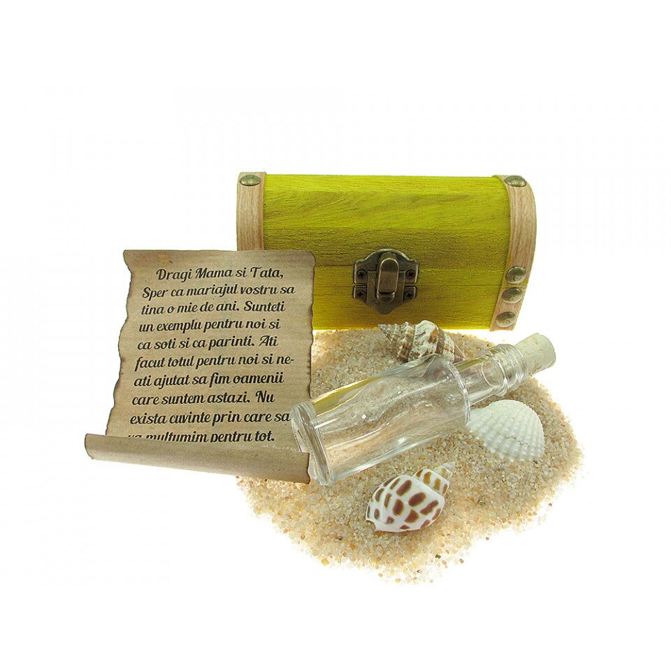 Cufar de lemn ComoaraMea cu mesaj personalizat in sticla, S, Galben ...