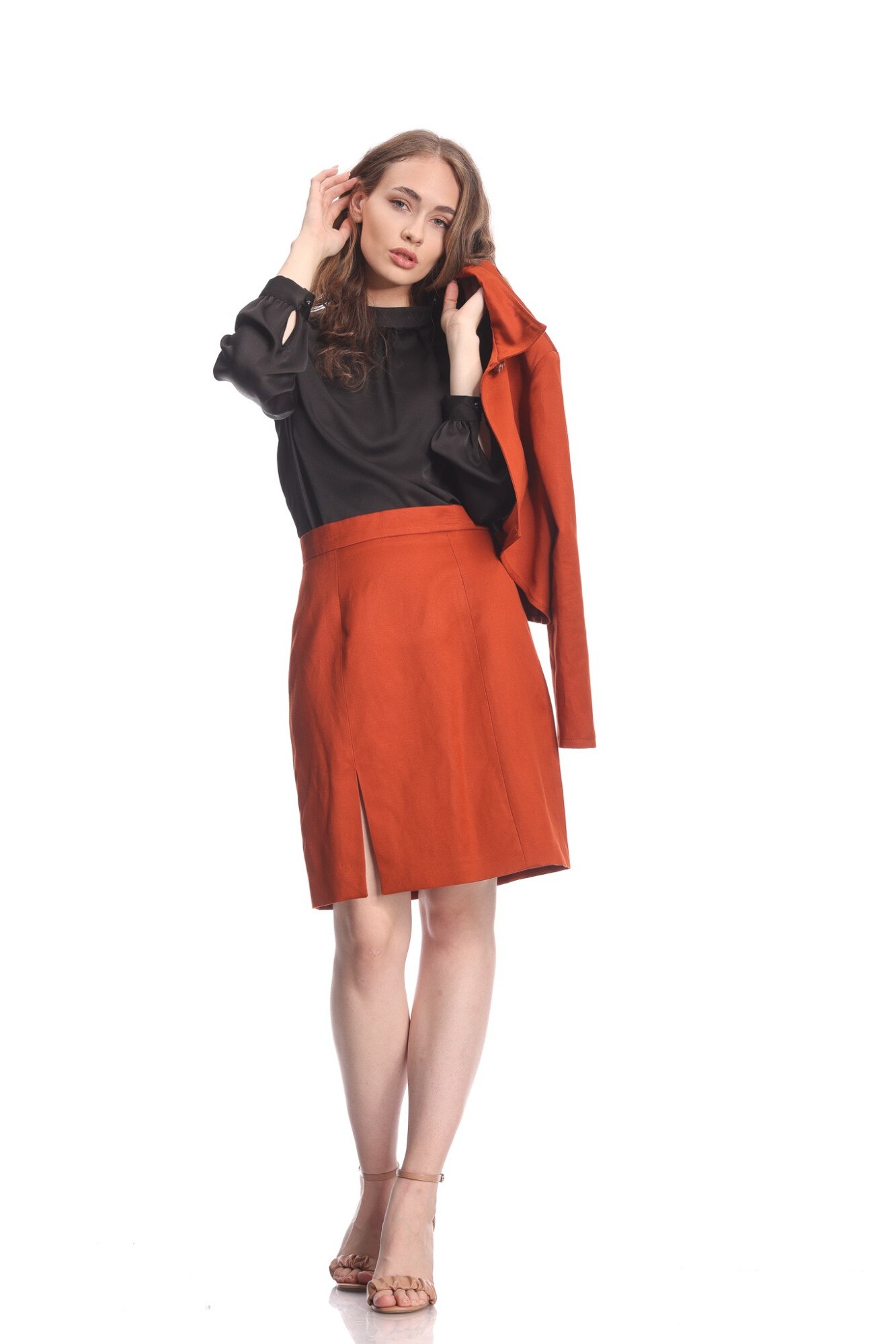 Fusta conica, ECHO DE RAVEL, din bumbac caramiziu - eMAG.ro