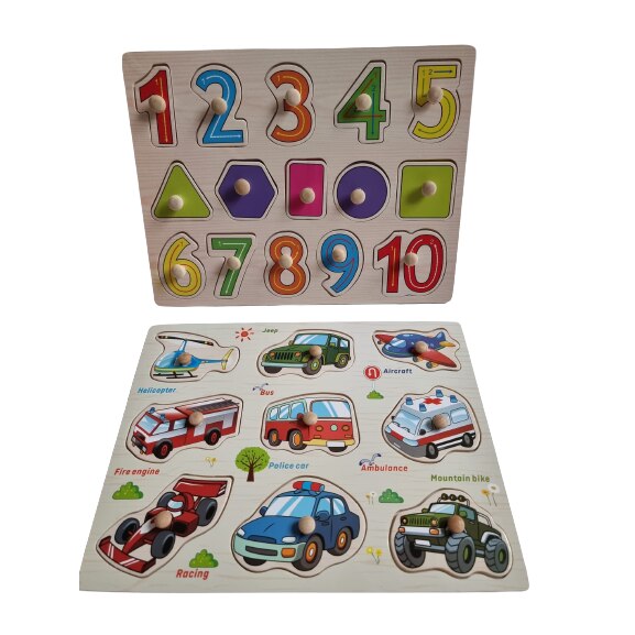 Set 2 puzzle-uri din lemn cu incastru, Numere, Forme Geometrice ...