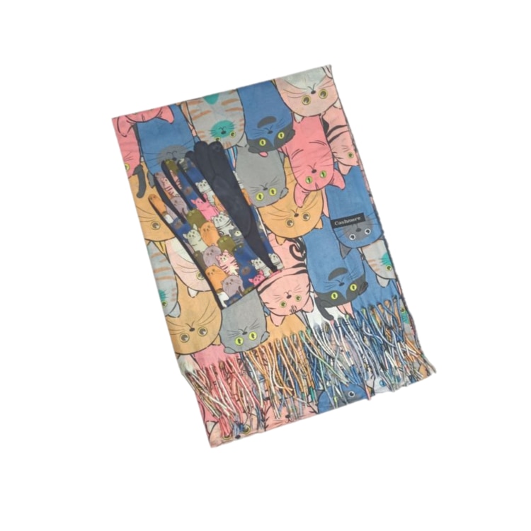 Set Esarfa Dama tip Sal, Casmir si Manusi Catifelate, Imprimeu Pisici ...