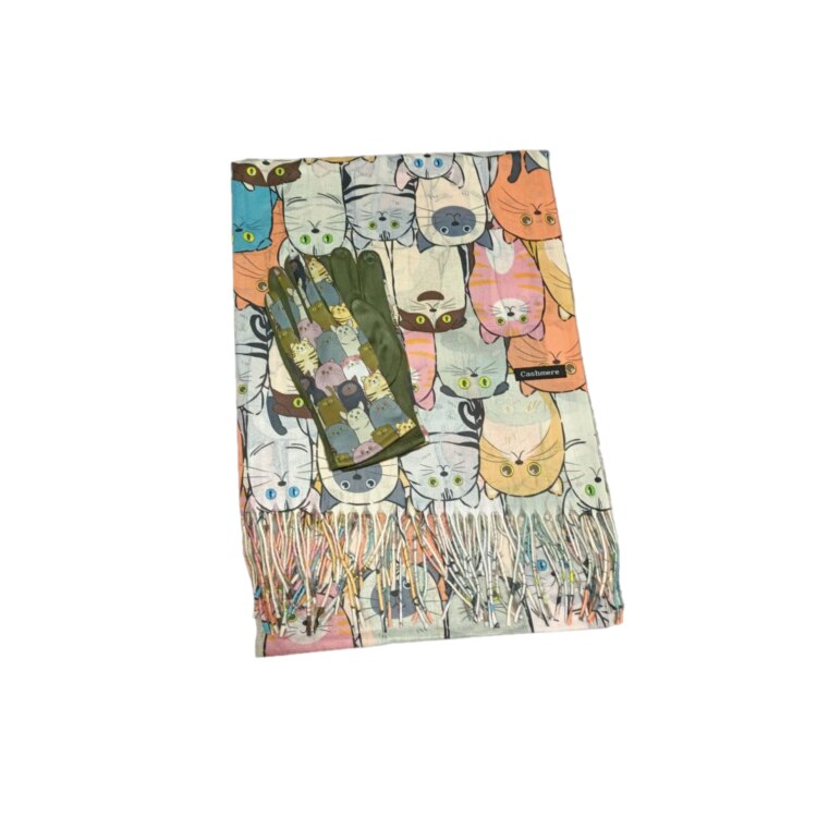 Set Esarfa Dama tip Sal, Casmir si Manusi Catifelate, Imprimeu Pisici ...