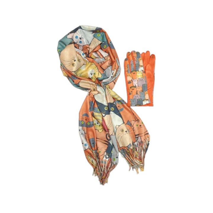 Set Esarfa Dama tip Sal, Casmir si Manusi Catifelate, Imprimeu Pisici ...