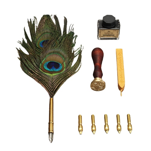 Set stilou cu pana de paun, calimara, ceara cu sigiliu si 5 penite ...
