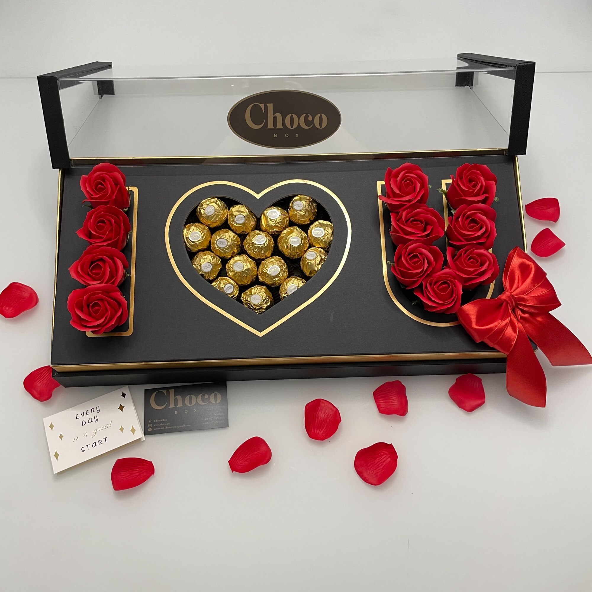 Chocobox díszdoboz, I Love You Box II, rózsák, Ferrero Rocher praliné ...