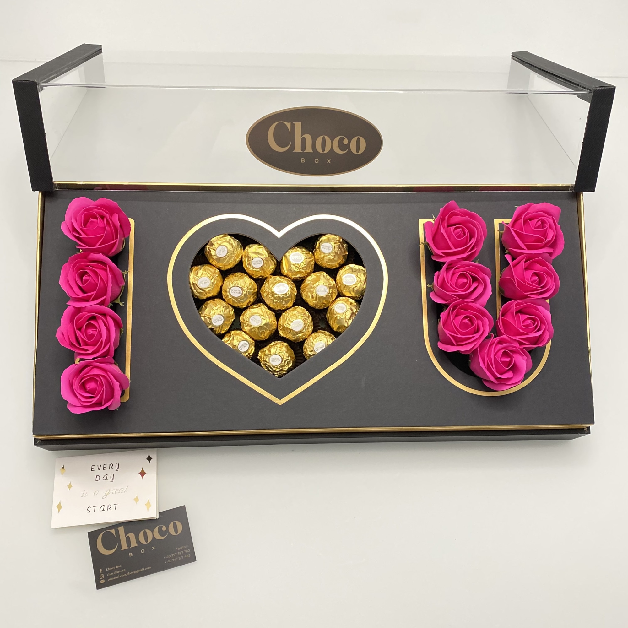 Chocobox díszdoboz, I Love You Box VI, rózsák, Ferrero Rocher praliné ...