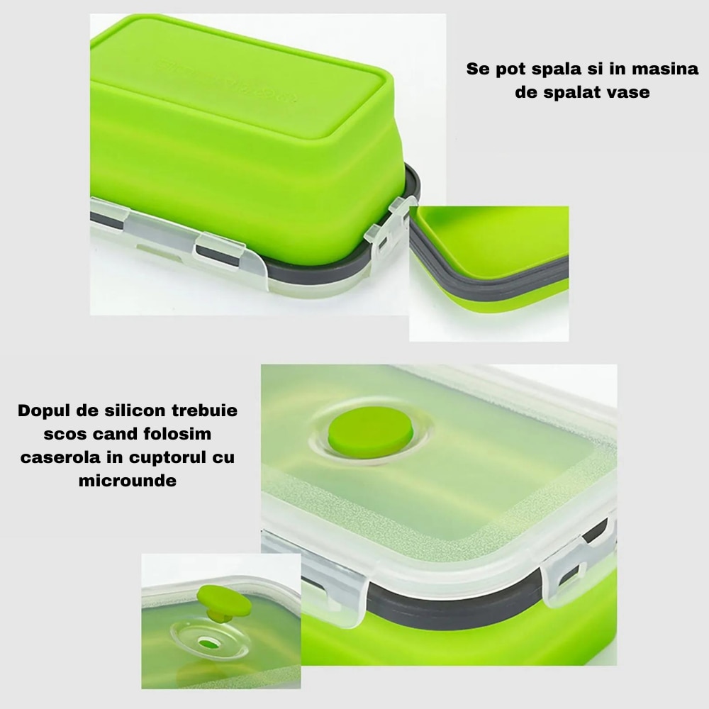Set 4 caserole verzi de silicon pliabile dreptunghiulare cu capac de la ... Set 4 caserole verzi de silicon pliabile dreptunghiulare cu capac de la ...