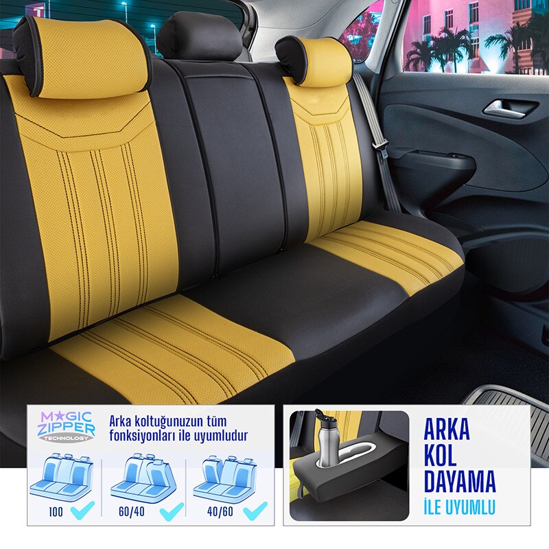 Set huse scaune auto universale, piele ecologica galbena cu negru, fata ...