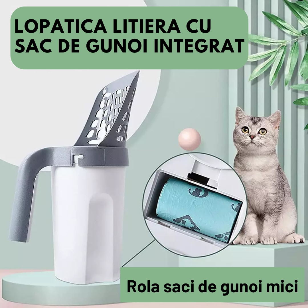 Lopatica litiera pisici cu sac gunoi integrat detasabil cu 1 rola saci ...
