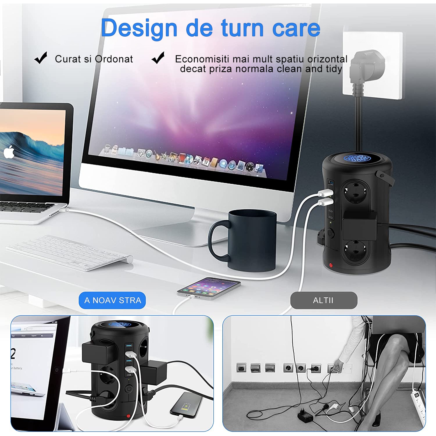 Prelungitor tip turn, SAFEMORE, 3xUSB, 2xType-C/PD Fast changer ...