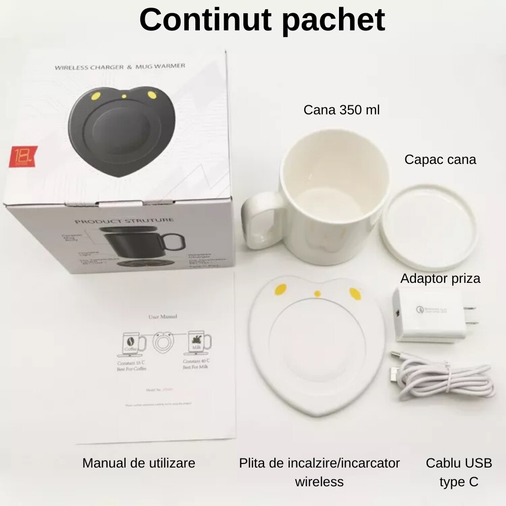Cana cu plita si incarcator wireless telefon in forma de inima, ceasca ...