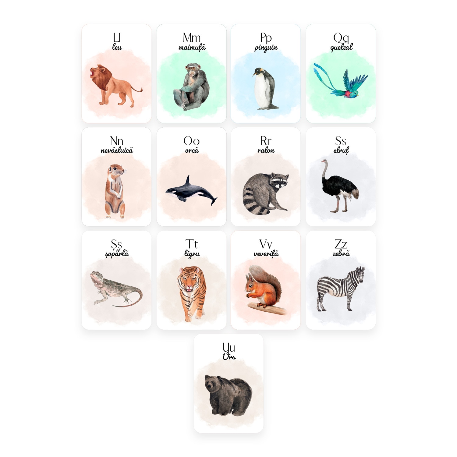 Cartonase educative tip Montessori alfabet cu animale, 26 carduri ...