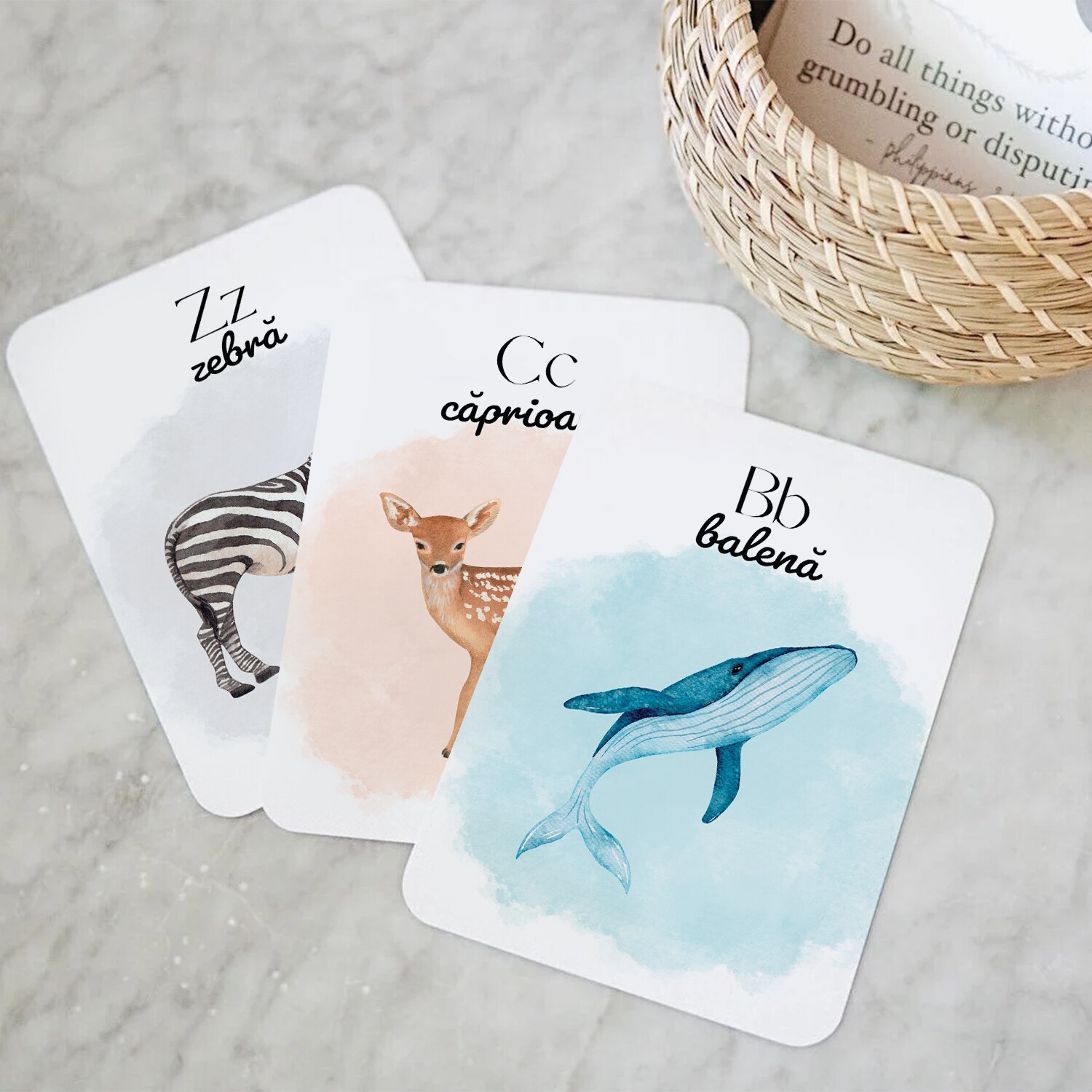 Cartonase educative tip Montessori alfabet cu animale, 26 carduri ...