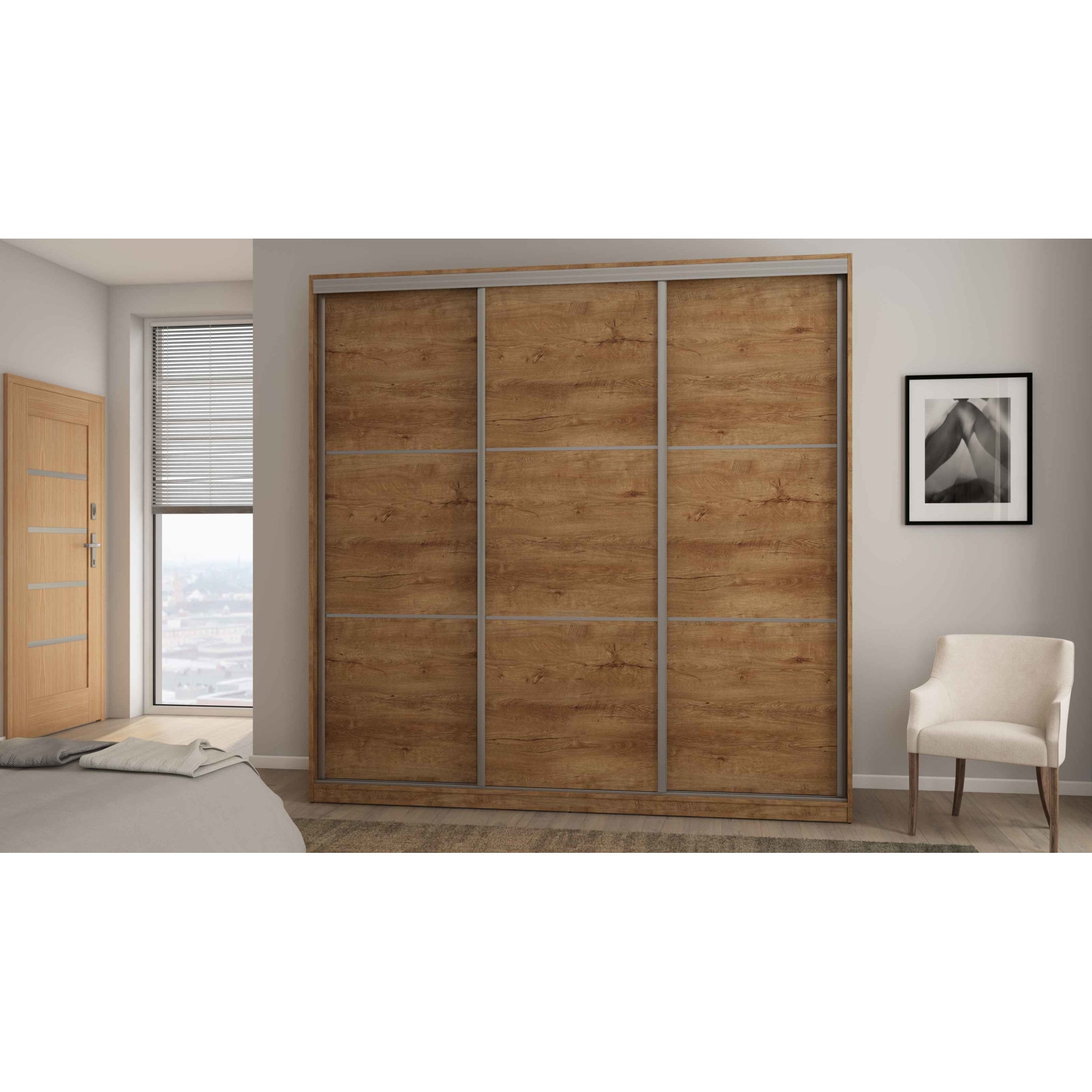 Dulap, Meblast, Premium lucrate manual, 220 x 220 x 64 cm, Stejar, Sonoma, MDF, cu oglinda, cu ...