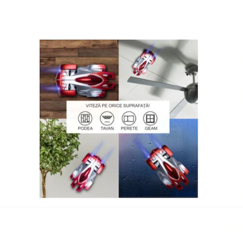 Masina cu telecomanda care merge pe pereti, cu lumini, 16 cm, gri-rosu ...