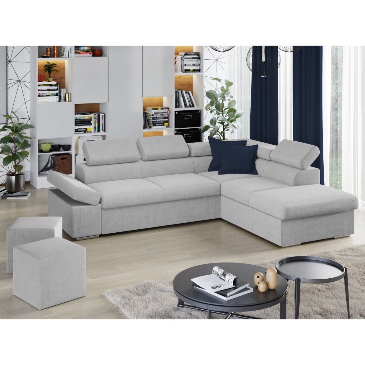 Coltar Aria, extensibil, lada, tetiere si brat reglabile, stofa, 260 x 205 x 90 cm, Gri Deschis ...