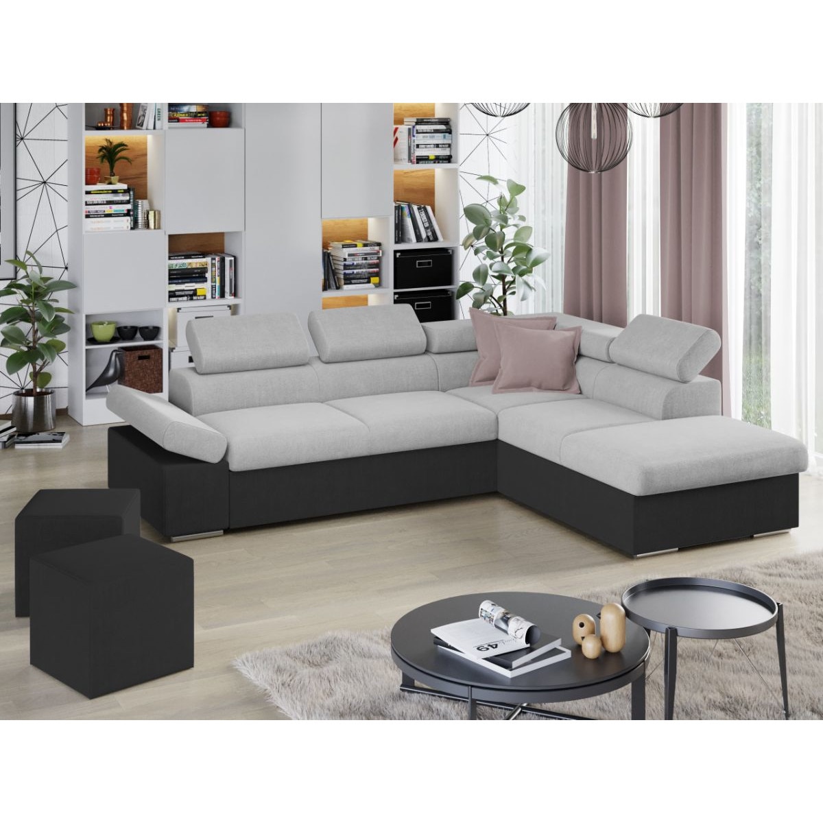 Coltar Aria, extensibil, lada, tetiere si brat reglabile, stofa, 260 x 205 x 90 cm, Gri Deschis ...