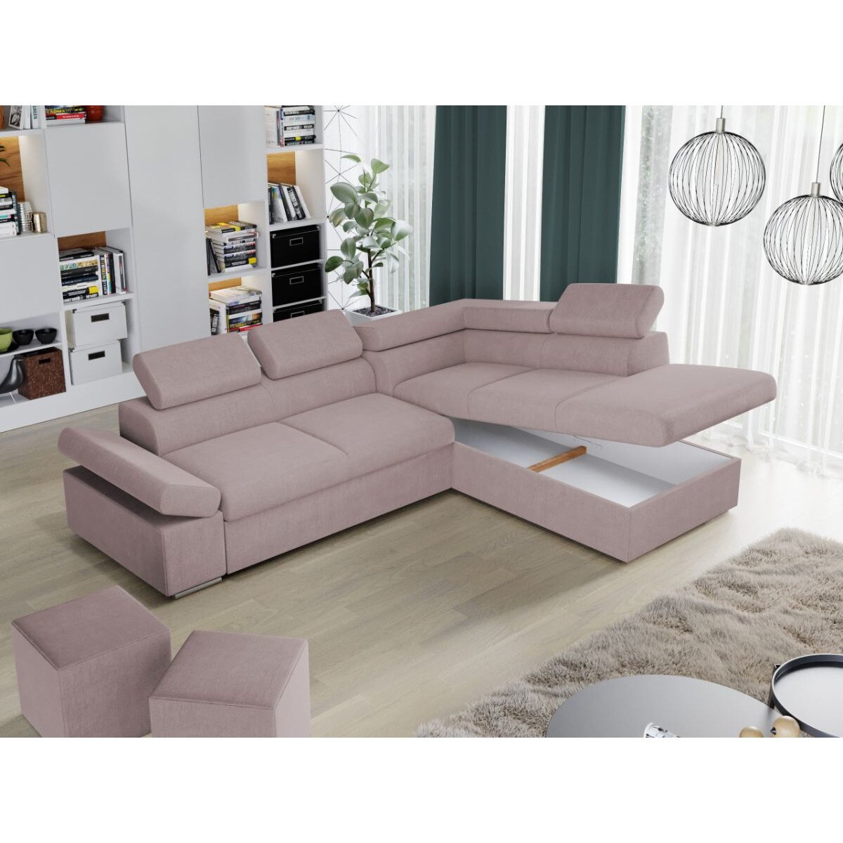 Coltar Aria, extensibil, lada, tetiere si brat reglabile, stofa, 260 x 205 x 90 cm, Roze - eMAG.ro