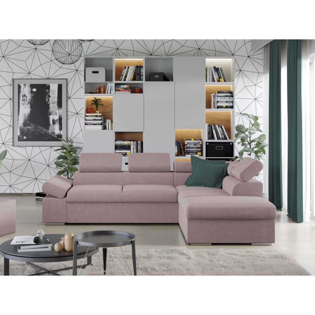 Coltar Aria, extensibil, lada, tetiere si brat reglabile, stofa, 260 x 205 x 90 cm, Roze - eMAG.ro