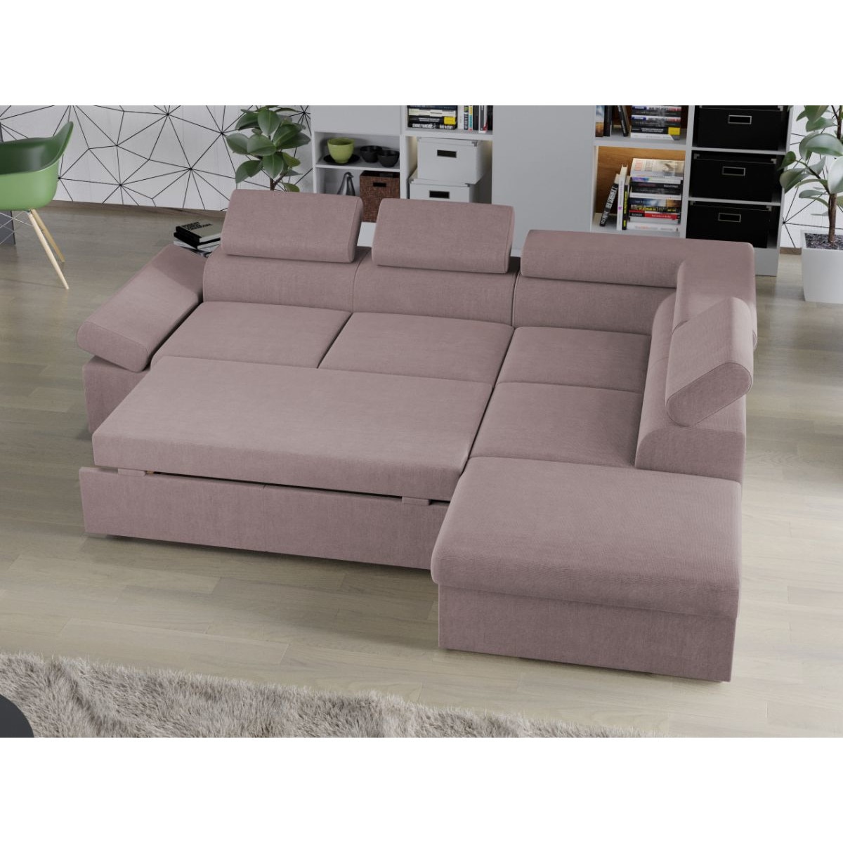 Coltar Aria, extensibil, lada, tetiere si brat reglabile, stofa, 260 x 205 x 90 cm, Roze - eMAG.ro