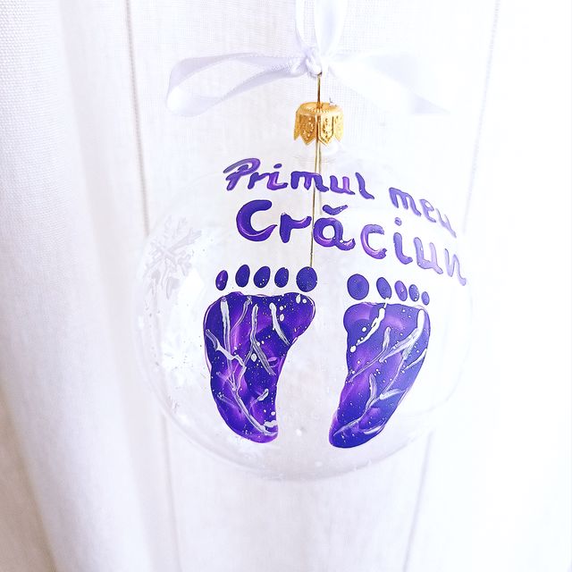 Glob Craciun, din sticla, Primul meu Craciun, pictat manual, 100 mm ...