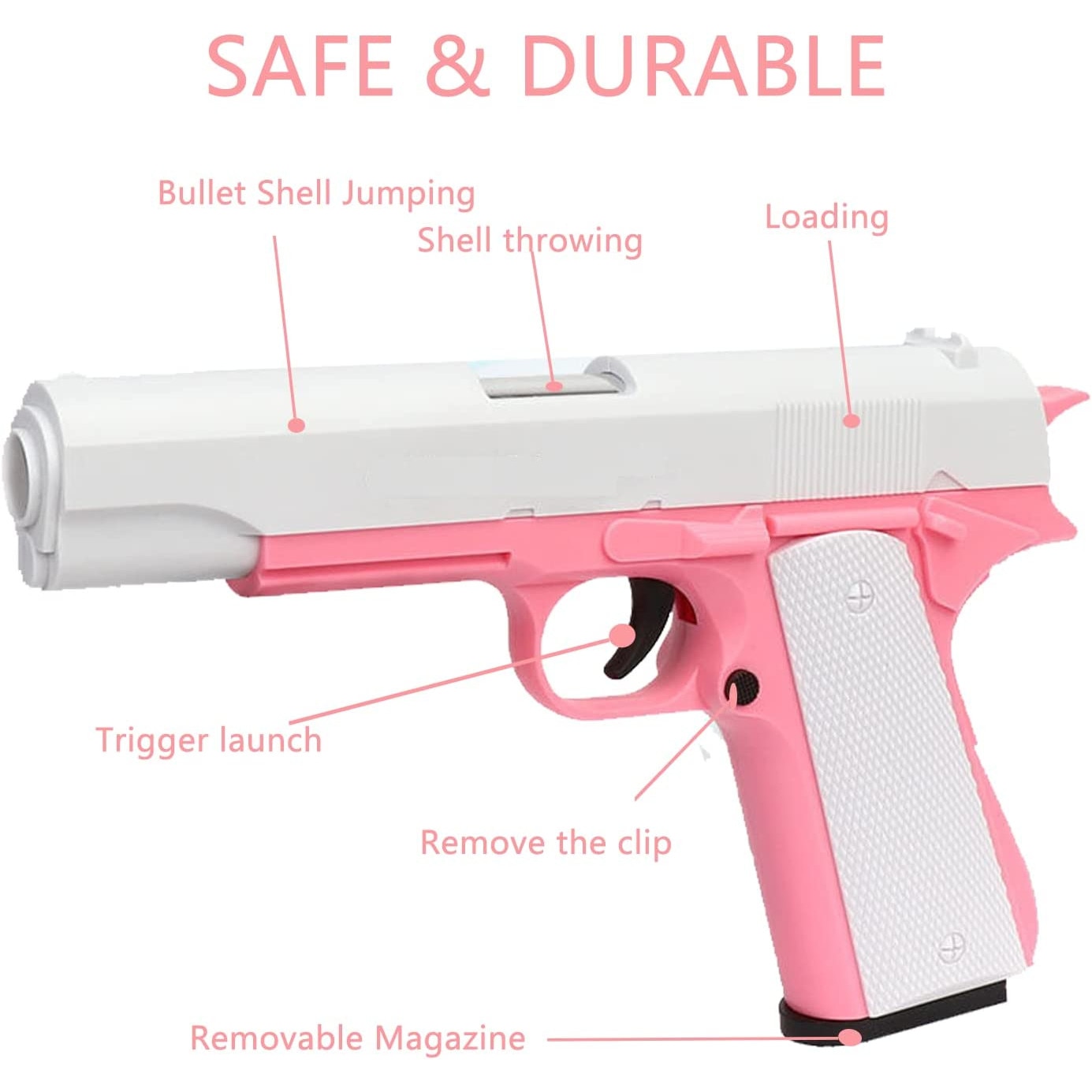Pistol de jucarie cu gloante moi, M1911, Incarcare manuala, Ejectarea ...