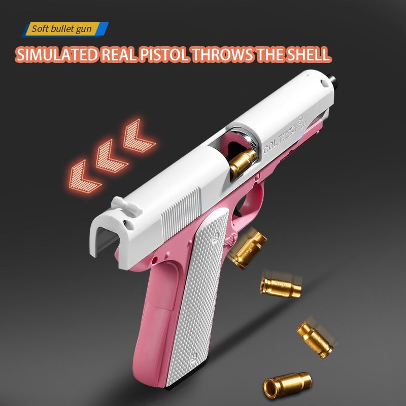 Pistol de jucarie cu gloante moi, M1911, Incarcare manuala, Ejectarea ...