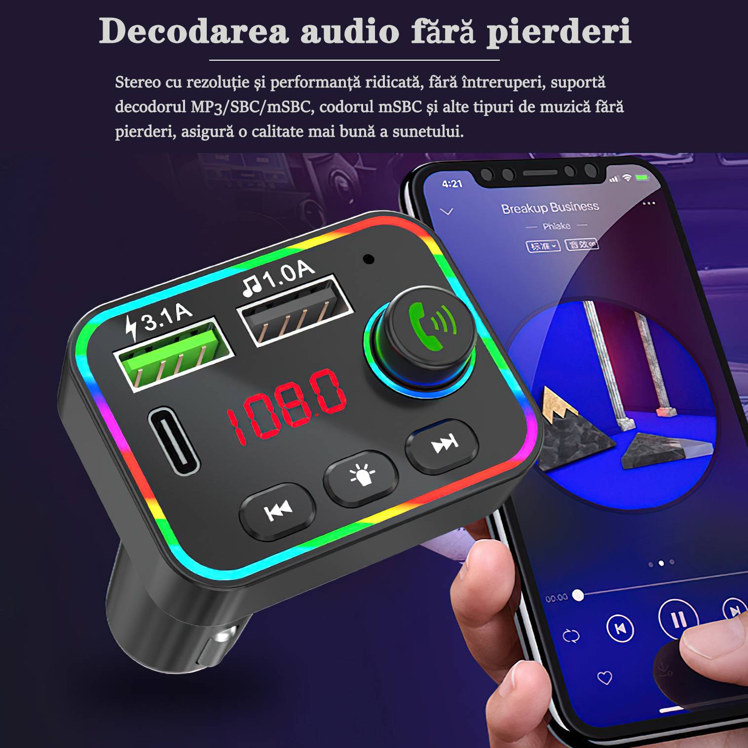 Modulator FM Auto Bluetooth 5.0 BYONDSELF®, Suporta apeluri hands-free ...